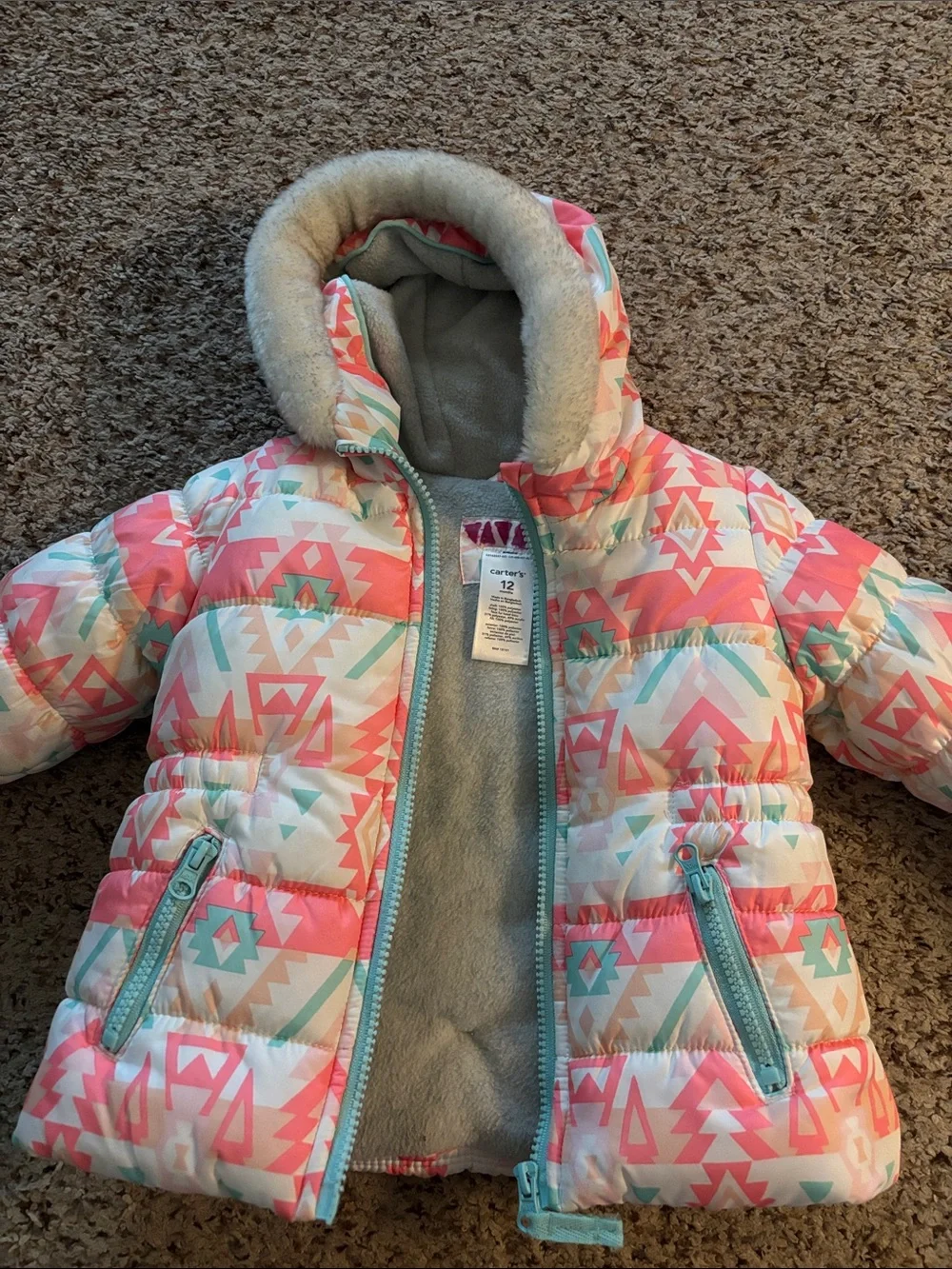Carter's | Jackets & Coats | Carters Pink And Aqua Aztec Puffer Jacket ...